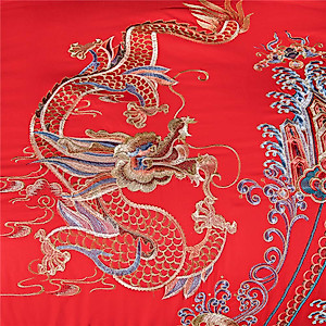 EsyDream Luxury Double Happiness Dragon and Phoenix Bird Embroidery Chinese Wedding Red Bedding Set King Queen Size 100% Cotton Embroider Red Wedding Duvet Bedlinen Sets(Color 1 King,6PC/Set)