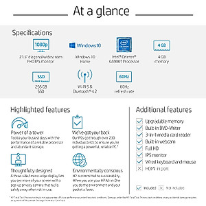 HP 22-Inch Full HD WLED All-in-One PC, Intel Celeron G5900T Dual-Core Processor, 16GB DDR4 RAM, 1TB PCIe NVMe M.2 SSD, Webcam, DVD-RW, Mouse & Keyboard Combo, Windows 10 Home, Blue
