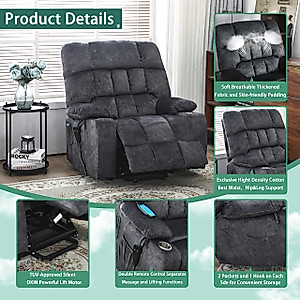 PUG258Y Lift Chair for Big and Tall Person with Inconvenient Legs: 9688 High Density Foam Lift Sofa with Heat and Massage, 2 Pockets, 2 Cup Holder, 2 Remote, OKIN Motor, Fabric - Granite Black