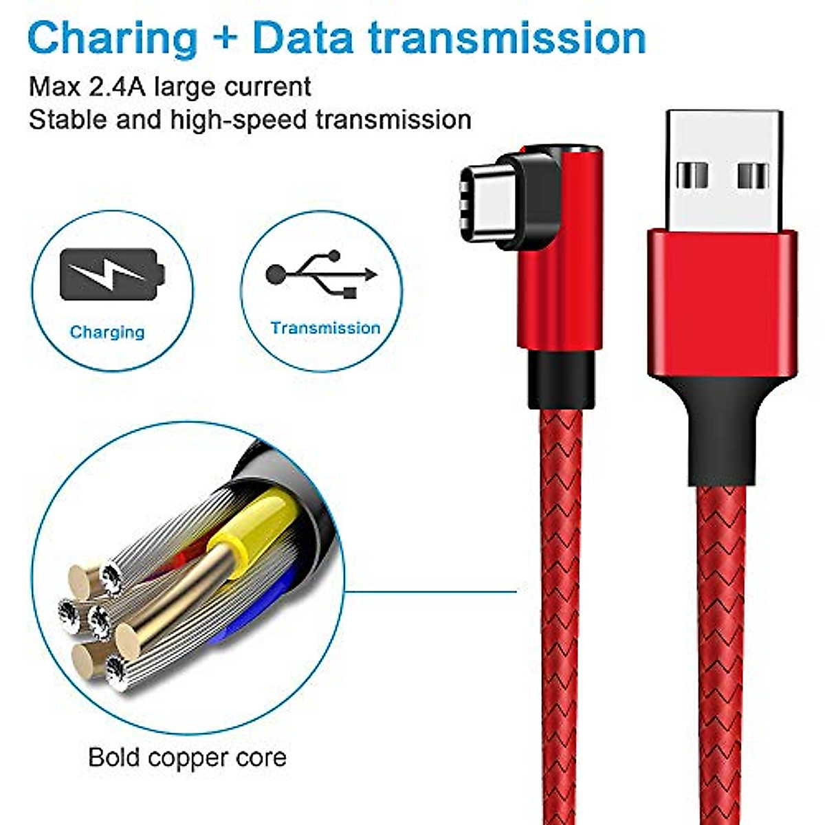 [3 Pack] Galaxy S21 Charger YWXTW Type C USB Cable 10FT [Case Friendly] 90 Degree Durable Fast Charging Cable for Galaxy S21 Ultra S20 FE A52 A72 A51 A71 A11, Note 20 Ultra, LG Velvet/Wing (Red 10FT)