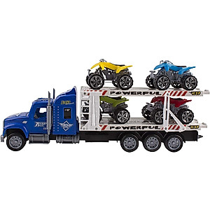 Vokodo Toy Semi Truck Trailer 15" Includes 4 ATVs Friction Carrier Hauler Kids Push And Go Big Rig Auto Transporter Vehicle Semi-Truck Car Pretend Play For Children Boys Girls Toddlers