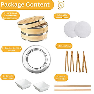 YJ DESIGNS 12 Pcs Stainless Steel Bamboo Steamer Basket Complete Kit- 10 inch (2 Tiers) - Dumpling Steamer Veggie Bamboo basket - Vegetable Food Steamer for Cooking - Rice steamer - Steam Pot Basket