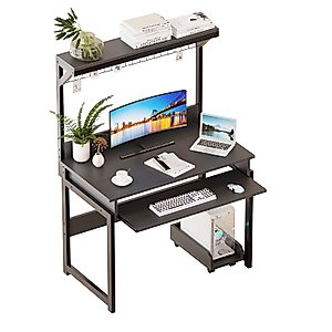 Computer Desk with Hutch and Storage Shelves, Home Office Study Writing Desk, Small Computer Desk for Small Space, Laptop Desk with Keyboard Tray for Bedroom