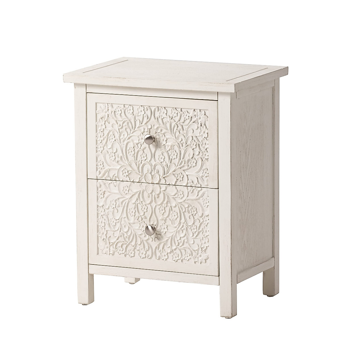 COZAYH Farmhouse Fully-Assembled Nightstand with 2-Drawer, Flower Motif End Table for Small Spaces, French Country, Modern, Distressed Finish, White-Washed