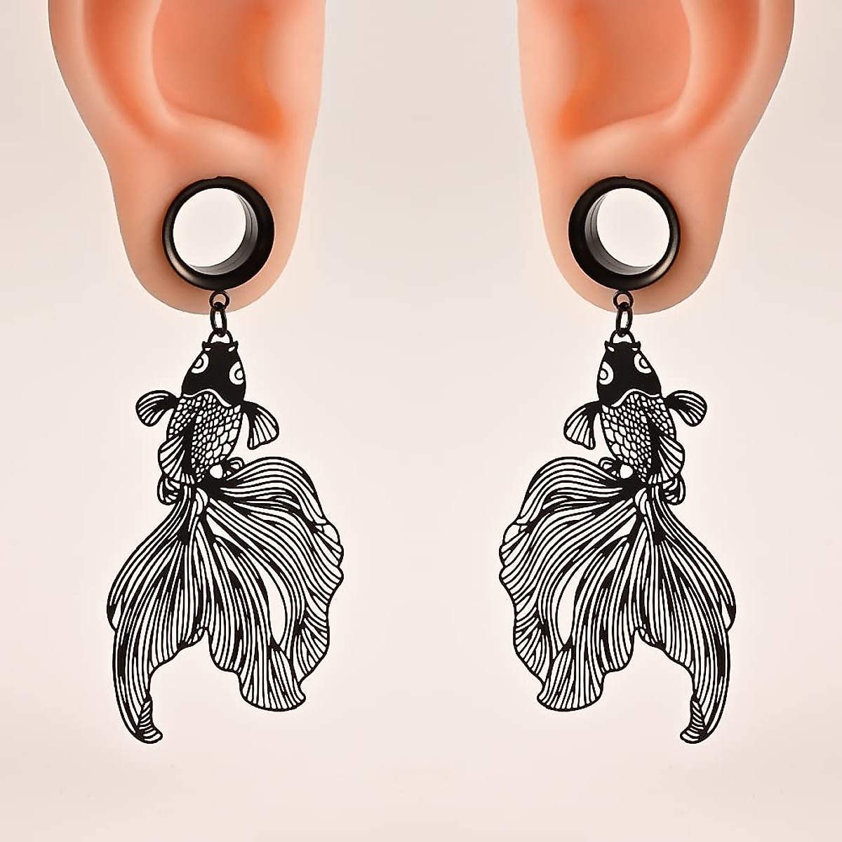 DOEARKO 2PCS Ear Gauges Cool Fish-Pendant 316 Hypoallergenic Stainless Steel Dangle Ear Plugs Tunnels Gauges Stretcher Pair Selling 2g 0g Piercing Body Jewelry (14mm(9/16"), Black)