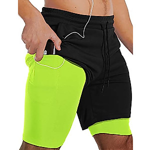 JWJ Men's Running Athletic Workout Sports Mens 2 in 1 Shorts Breathable Gym Short for Men with Pocket, Fluorescent Green Meduim