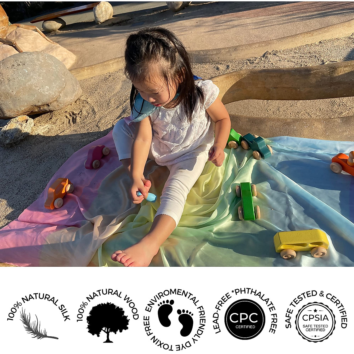 Avery & Ruth Waldorf Toys Rainbow Car Set - 70” x 35” Silk Scarf for kids to play- 7 Handmade Wooden Car - 3 Peg Dolls - Montessori Rainbow Toy - 100% Silk