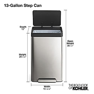 Kohler 13 Gallon Hands-Free Kitchen Step, Trash Can with Foot Pedal, Quiet-Close Lid, Stainless Steel