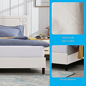 Mjkone Cal-King Bed Frame| Platform Bed Frame Upholstered Velvet Backrest | Adjustable Tufting Headboard Bed Frame with Solid Wood Slats Support Easy Assembly-Beige