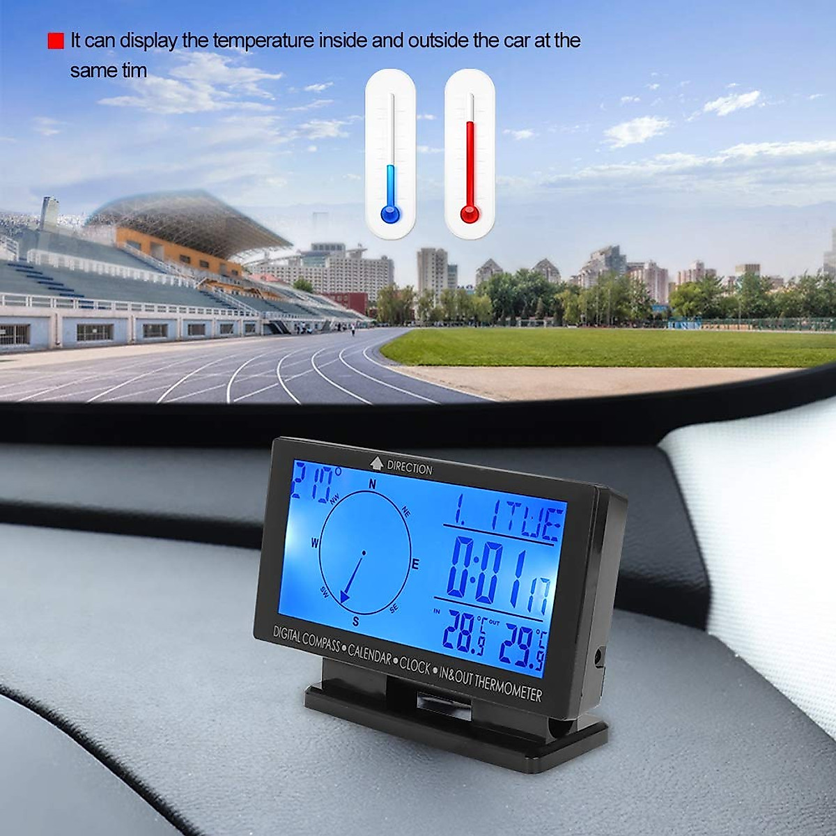 Digital Car Thermometer, CD60 Multifunctional Digital Car Automobile Thermometer Gauge with Time Navigation Function
