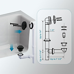 Black Tubular Tub Drain Kit with Welsan Tip-Toe Bathtub Drain Stopper, Touch-Toe Bath Plug Waste and Overflow Face Plate, 1-1/2" PVC Plastic Pipe (Matte Black)