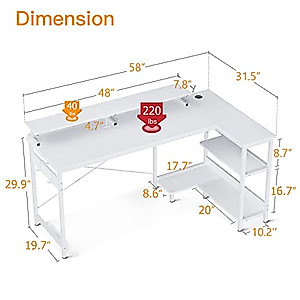 ODK Small L Shaped Desk, 58 inch Corner Desk with Reversible Storage Shelves, Computer Desk with Monitor Shelf and PC Stand for Home Office, Gaming Desk with Headphone Hooks, White