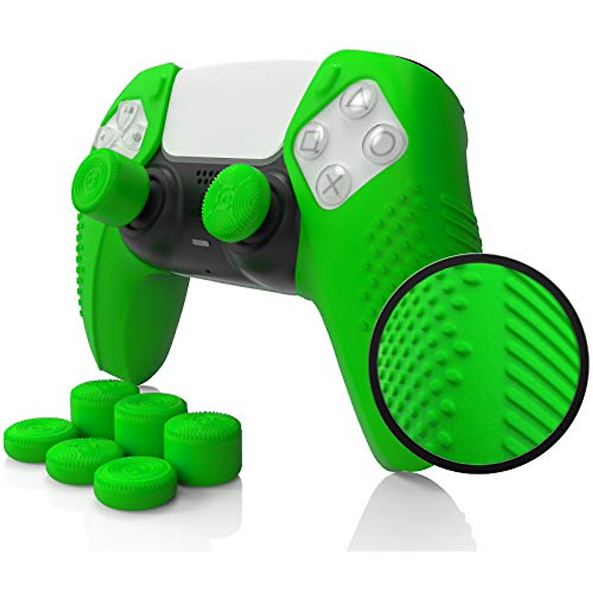 Foamy Lizard SensePro Dock Compatible PS5 Controller | Soft Flat Anti-Slip Studded Silicone Gel Grip Cover for Playstation 5 Dualsense, Rubber Protector Plus 8 Raised Thumb Grip Caps (Green)