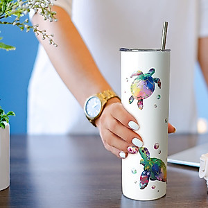 Mofvugz Sea Turtle Gifts - 20 Oz Double Wall Vacuum Insulated Stainless Steel Tumbler with Lid and Straw - Watercolor Ocean Turtle Cup, Travel Coffee Mug