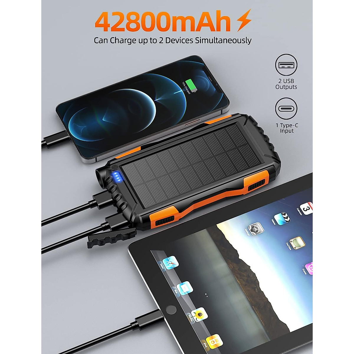 Power-Bank-Solar-Charger - 42800mAh Portable Charger,Solar Power Bank,External Battery Pack 5V3.1A Qc 3.0 Fast Charger Built-in Super Bright Flashlight (Orange)