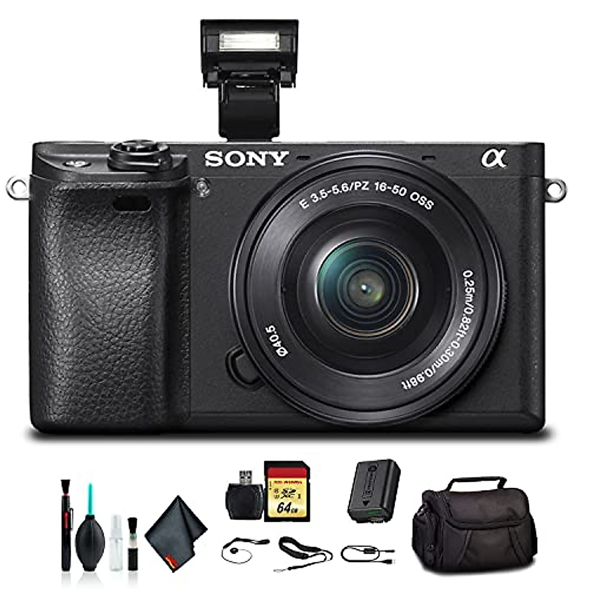 Sony Alpha a6300 Mirrorless Camera with 16-50mm Lens Black ILCE6300L/B with Soft Bag, 64GB Memory Card, Card Reader, Plus Essential Accessories