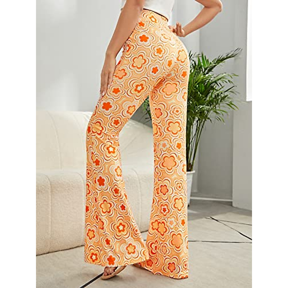 WDIRARA Women's Heart Print Elastic High Waist Flare Leg Stretch Casual Pants Floral Multicolor S