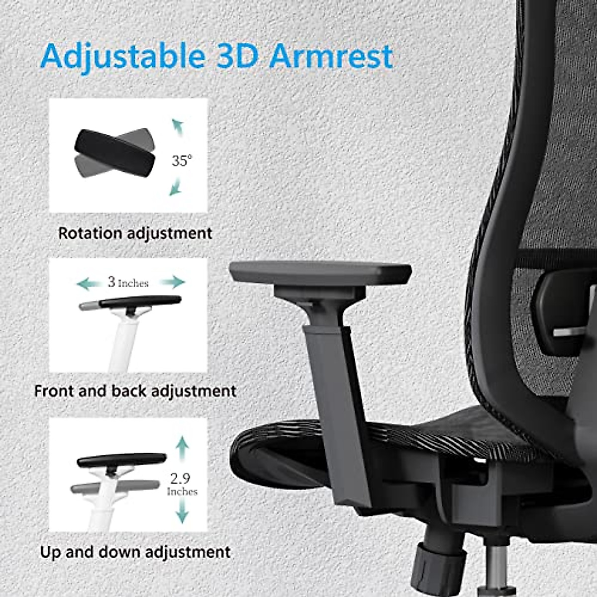 Logicfox Ergonomic mesh Office Chair, Computer Desk Chair with 3D Armrests, Adjustable Lumbar Cushion and 2D Headrest, Black High Back high Back Office Chair with Tilt Function, Mesh Backrest & Seat
