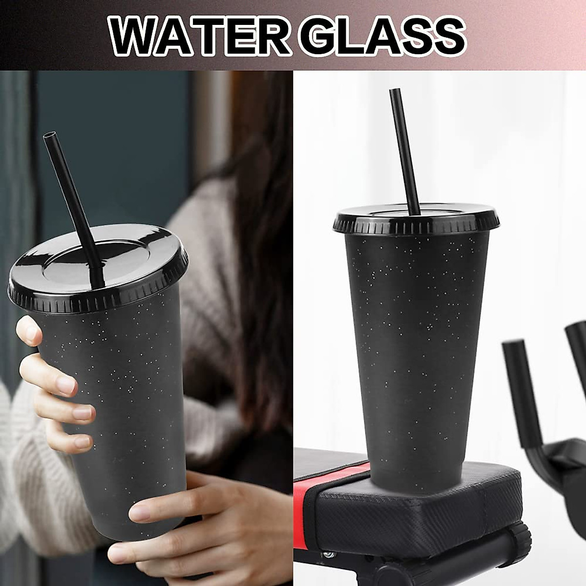 Fyess 6 Sets Tumbler with Straw and Lid,Plastic Water Bottle Travel Cup Reusable Cup (Black,24 oz)