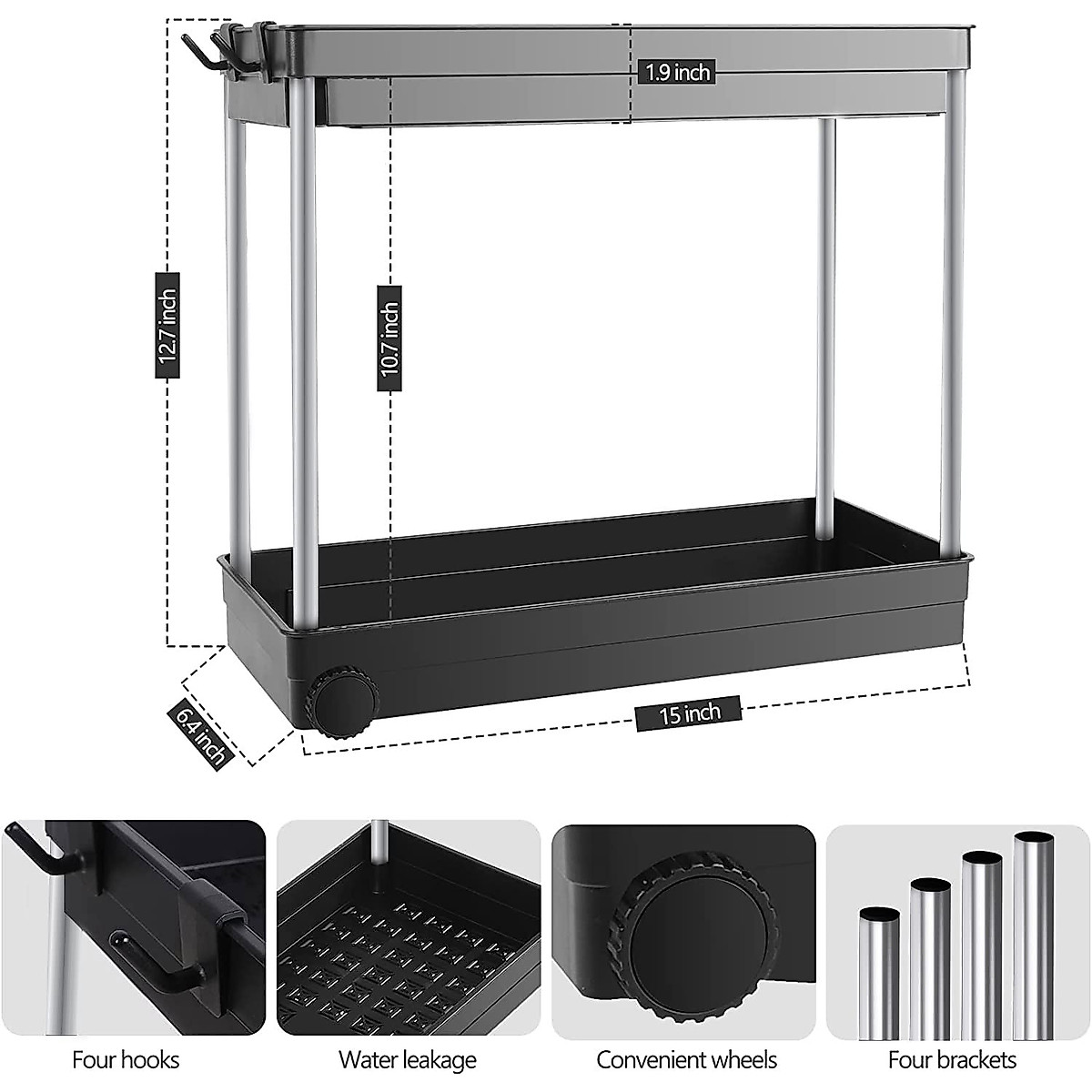 2- Tier Shelf Under Sink Organizer, Roll Out Under Sink Storage with 4 Hooks & 4 Anti-Slip Pads, Easy to Assemble, Suitable for Kitchen, Bathroom and Laundry (1 Pack, Silver)