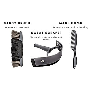 Rugged Horse Grooming Kit - Seven Piece Grooming Kit for Horses. Contains Horse Brushes, Hoof Pick, Sweat Scraper and Grooming Tote