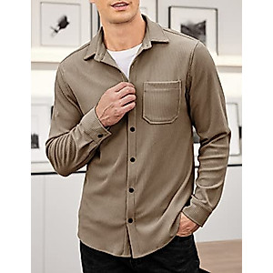 COOFANDY Men's Corduroy Shirt Jacket Slim Fit Button up Work Shirt with Two Flap Pockets Brown