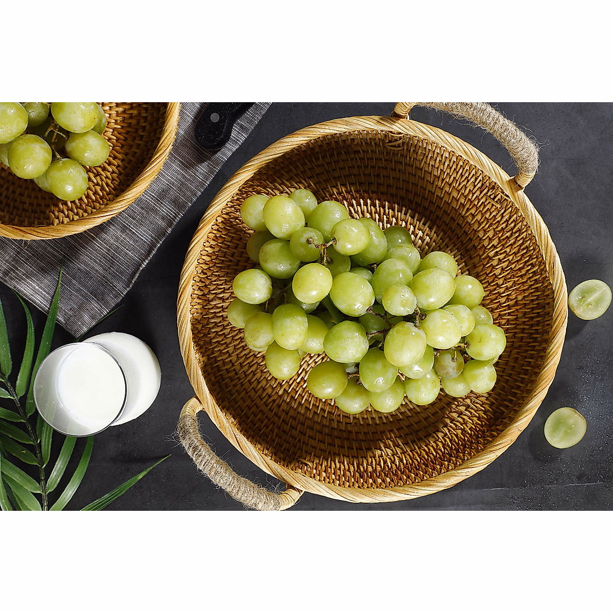 DECRAFTS Rattan Round Fruit Basket for Table Wicker Bread Tray with Handle for Serving Food, Crackers, Snacks (11inch D x 1.8inch H)