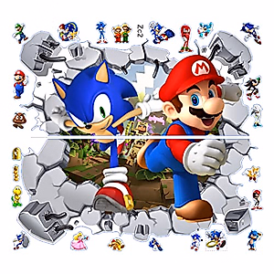 2022 Mario Play Game with Sonic 3D Break The Wall Stickers for Living Room Kids Room Wall Decor Boys Girl Gift Bedroom Poster Mural Wallpaper Removable PVC Wall Stickers (23" x 25")