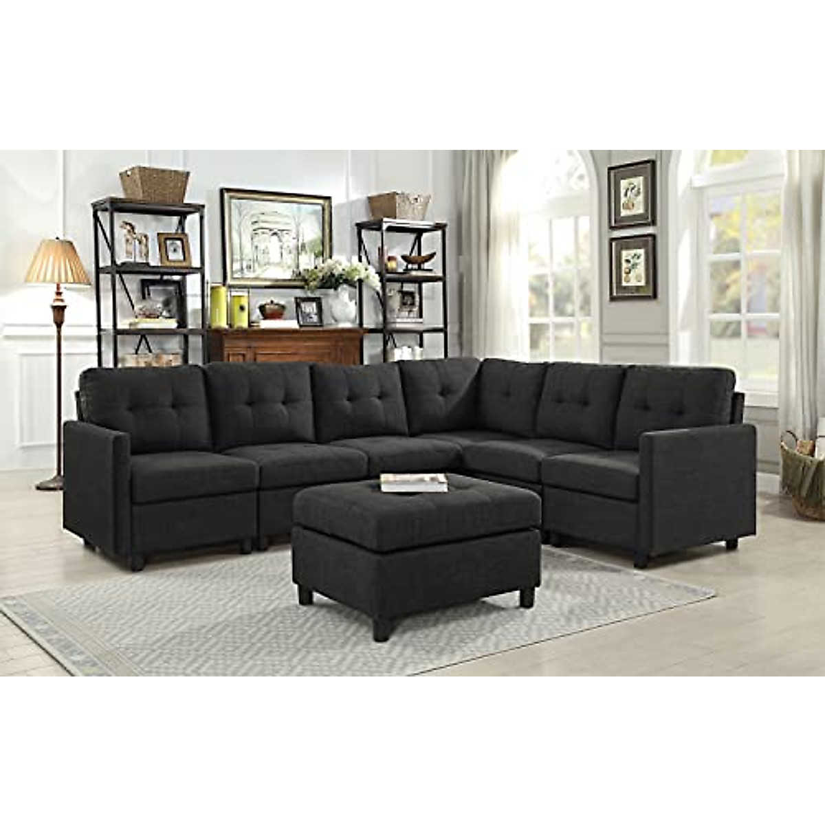 Moxeay Convertible Sectional Sofa with Ottoman Modular Sectional Sofa L Shaped Couch 6 Seater Sectional Couches for Living Room Apartment, Dark Grey