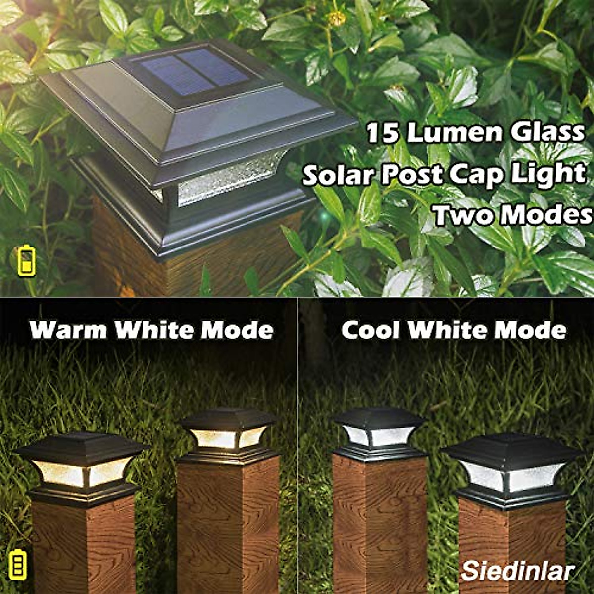 SIEDiNLAR Solar Post Lights Outdoor Glass LED Fence Cap Light 2 Modes for 4x4 5x5 6x6 Posts Deck Patio Garden Decoration Warm White/Cool White Lighting Black (2 Pack)