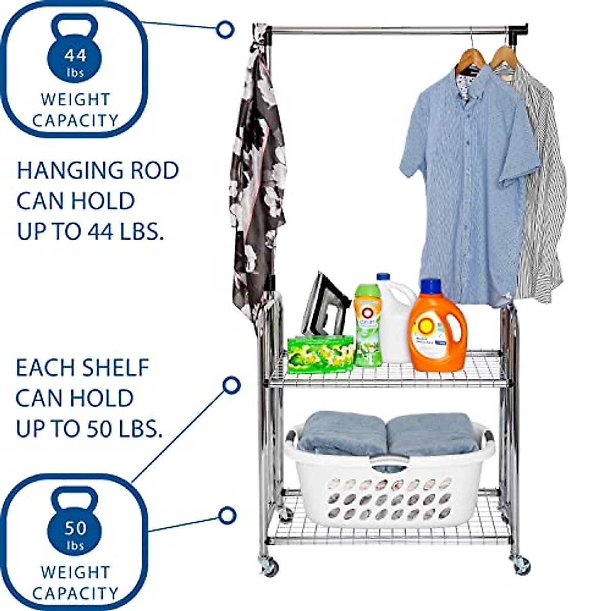 Seville Classics Closet Garment Organizer with Metal Hanging Rod Wardrobe Storage System w/Steel Shelves for Clothes, Shirts, Jackets, Coats, Blankets, Shoes