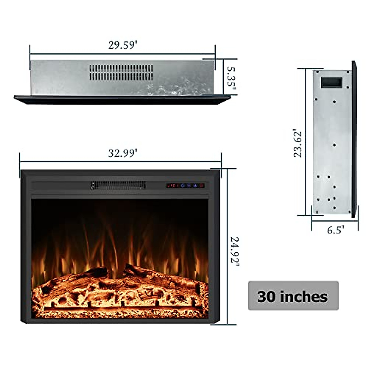 Rodalflame Electric Fireplace Inserts with Touch Screen & Remote Control, Timer, 750/1500w, Black, 32 9/10 Inches Wide, 24 9/10 Inches High
