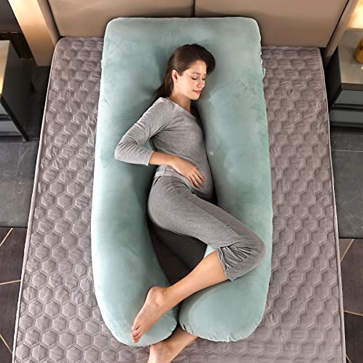 Amagoing 57 inches Pregnancy Pillows for Sleeping, U Shaped Maternity Full Body Pillow for Pregnant Women with Hip, Leg, Back, Belly Support, Washable Velvet Cover Included (Mint Green)