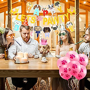 Dog Birthday Party Supplies Decoration Include Tutu Skirt Crown Hat 0-8 Figure Pet Happy Birthday Triangle Scarf Let's Pawty Banner and 10 Pieces 10 Inch Paw Print Balloons for Pet (Pink)