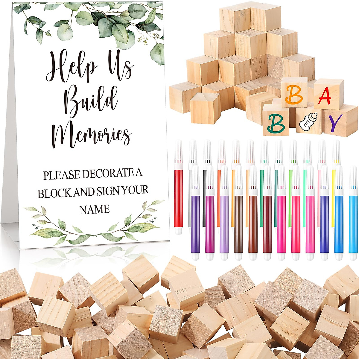 Dinifee 125 Pcs Baby Shower Decorate a Block Game Set Includes Help Us Build Memories Sign 100 DIY Blank Wooden Block 24 Paint Marker Baby Shower Prize for Wedding Baby Shower Game (Leaves)