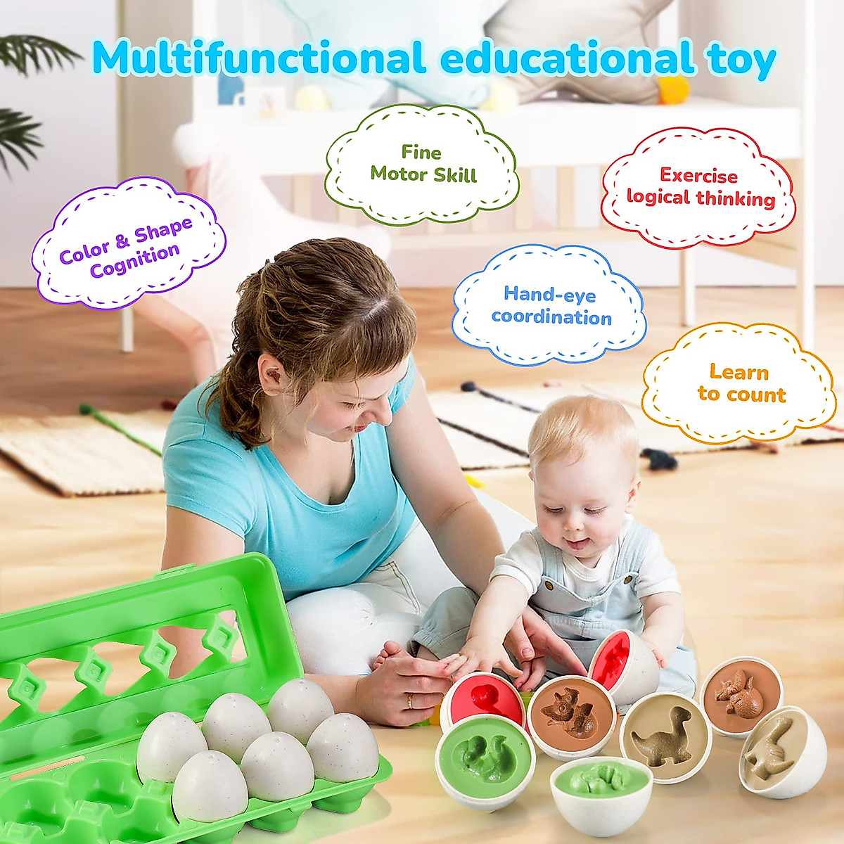 MINGKIDS Dinosaur Toys for 1 2 Year Old Boys Girls,12 PCS Matching Dinosaur Eggs with Holder, Easter Gifts for 1 2 3 Year Old,Montessori Toys for 1 2 3 Year Old