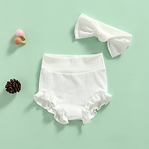 Mubineo Infant Baby Girl Basic Plain Cotton Ruffle Bloomer Shorts Headband Set (White, 6 Months)