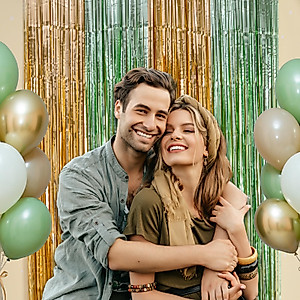 LOLStar Sage Green and Gold Party Decorations 2Pack 3.3X6.6ft Foil Fringe Curtains,Safari Green Baby Shower Decor also Perfect for Christmas Wedding Party,Princess Themed woodland Birthday Decorations