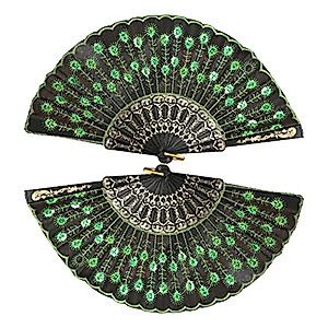 RAZZUM 2 Pcs Handmade Sequins Peacock Dancing Fans Foldable Fan Sequin Fan Hand Fans for Women Peacock Fan Folding Fan Spanish Hand Fan Flower Folding Fan Summer Handheld Fan Silk Fan Fan