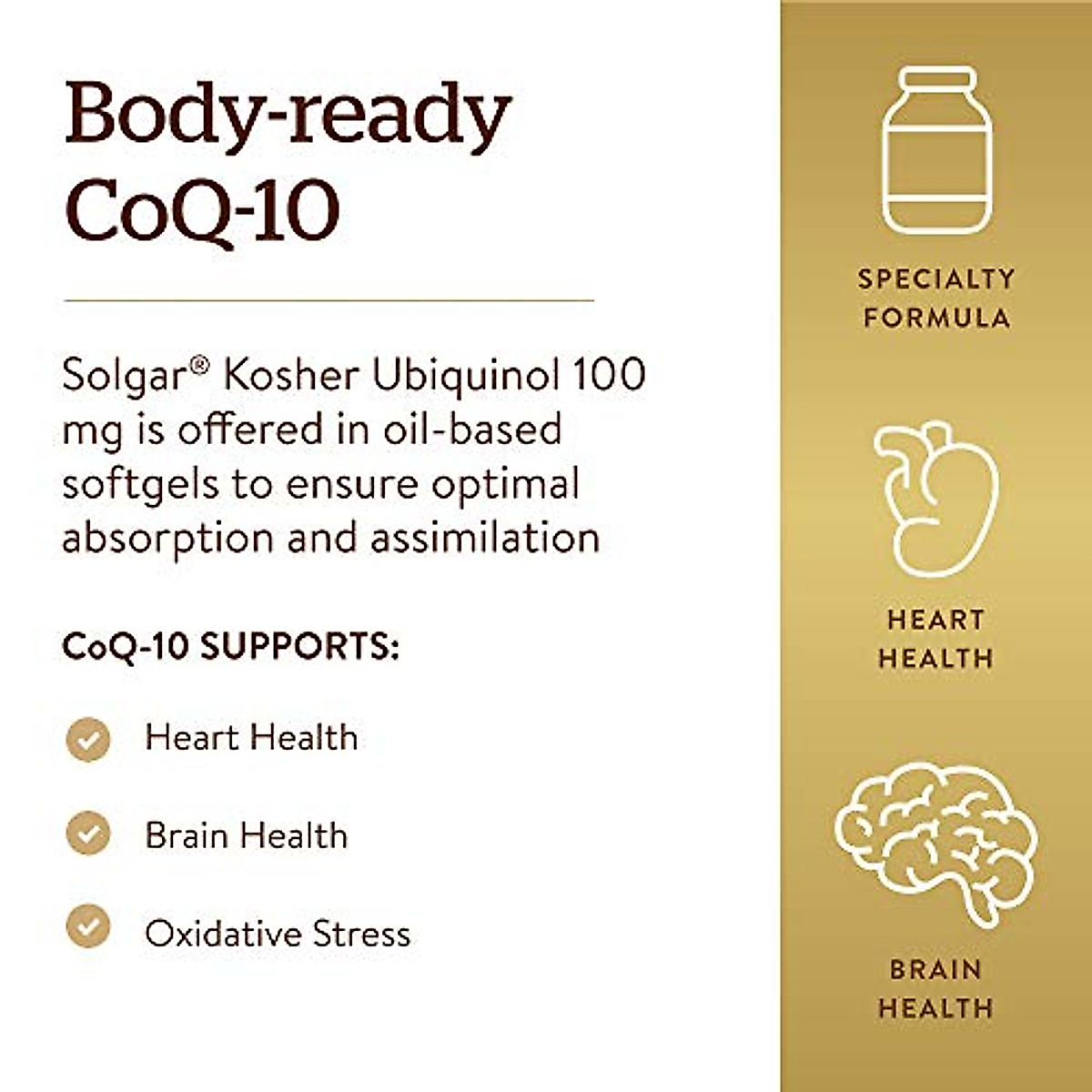 Solgar Kosher Ubiquinol 100mg, 60 Softgels - Advanced Antioxidant Support - Heart Health - Reduced Coenzyme Q10 (CoQ-10) - Non-GMO, Gluten Free, Dairy Free, Kosher - 60 Servings