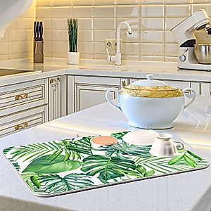 Tropical Palm Leaves Dish Drying Mat for Kitchen Counter Green Monstera Leaf Absorbent Microfiber Drying Pad, Medium 16x18 in, Reversible Drainer Mats