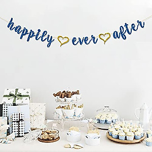 RoadSea Happily Ever After Banner - Bachelorette Party Garland Supplies - Engagement - Wedding Party Decorations - Blue Glitter