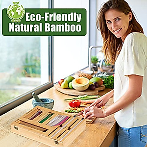 BHLVXCC Ziplock Bag Organizer Bamboo for Drawer, Foil and Plastic Wrap Organizer with Cutter, 6 in 1 Wrap Dispenser with Cutter, Baggie Organizer Suitable for Gallon Quart Sandwich & Snack Bag