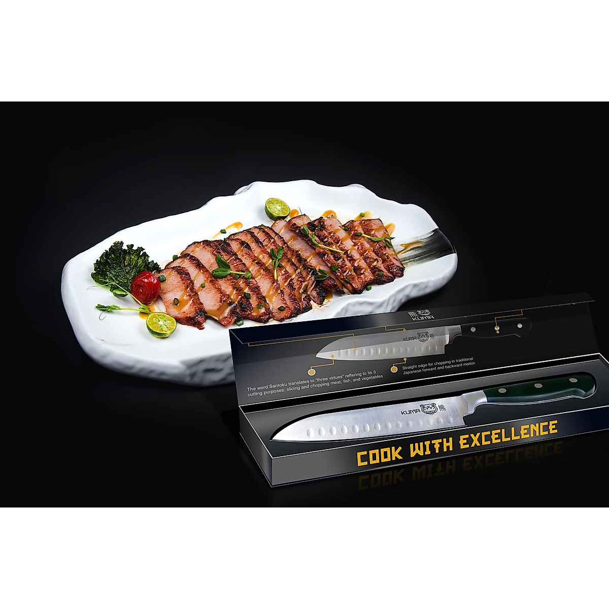 KUMA Santoku 7 Inch - Razor Sharp Kitchen Knife - Japanese Style Multipurpose Chef's Knife with Comfortable Handle & No-Fatigue Design - Cut Meat, Fish, Vegetables and More Like a Professional