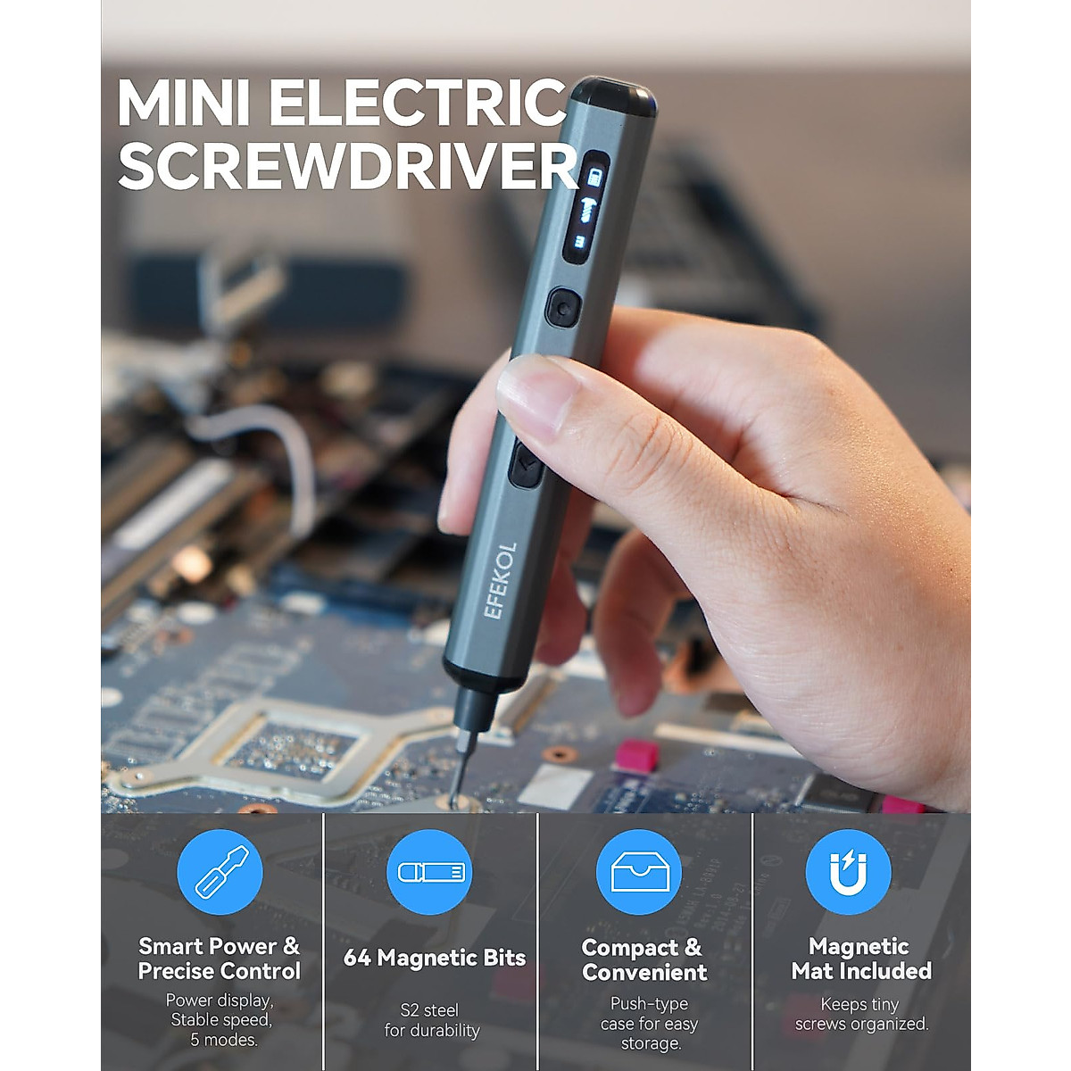 Mini Electric Screwdriver, 70 in 1 Precision Screwdriver Kit with 64 S2 Magnetic Bits, 5 Torque Levels, LED Screen Display, Rechargeable Power Screwdriver, Precision Work Set for Laptop Phone Watch
