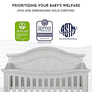 Evolur Madison 5-In-1 Curved Top Convertible Crib In Antique Grey Mist, Features 3 Mattress Height Settings, Wooden Nursery And Bedroom Furniture, Baby Crib