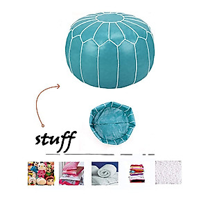 zefen Leather Pouf Unstuffed Ottoman - Moroccan Ottoman Footstool, Upholstered Pouf Futon Chair - Boho Decor for Living Room Furniture, Bedroom, Kids Room - Boho Home Gift Idea Wedding Poufs (Blue)