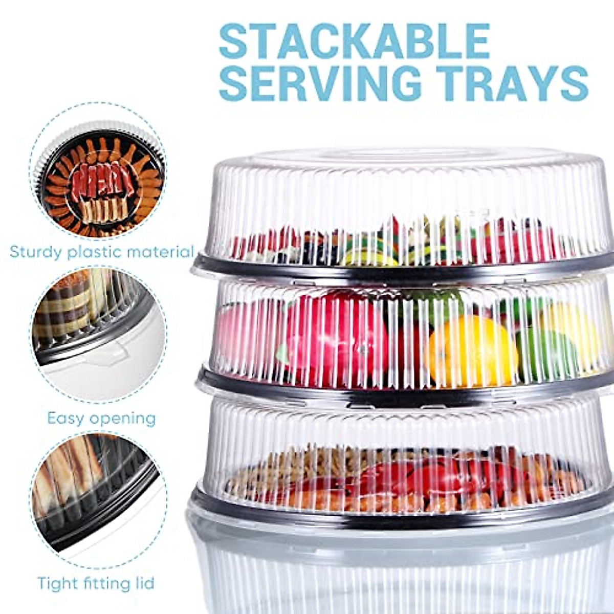 24 Sets 16 Inch Catering Trays with Lids Plastic Serving Trays with 24 Lids and 24 Plastic Serving Tongs Disposable Stackable Trays Black Round Catering Trays for Party Picnic Appetizers Takeout Food