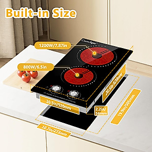 Cusinesync 12 Inch Electric Cooktop, 2 Burner Electric Stove Top with 9 Power Levels, Knob Control, Auto shutdown and Residual Heat Warning, 2000W, Ideal for Countertop & Built-In Use (110-120V)