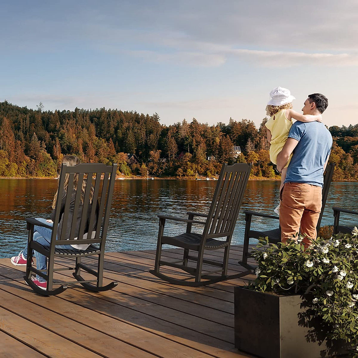 Frontera Timeless Outdoor/Indoor Rocking Chair, Eucalyptus Wood in Black Finish, Americana Resort Rocker